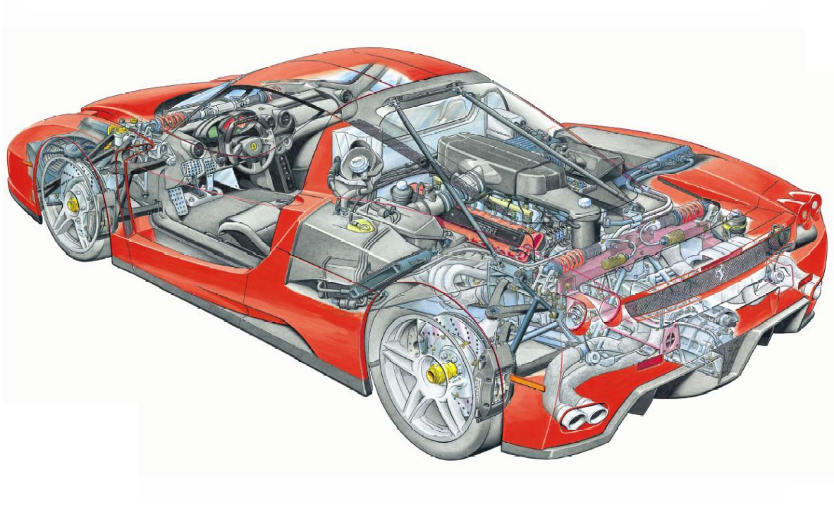 FERRARI ENZO cutaway illustration | Ferrari, Ferrari enzo, Cutaway