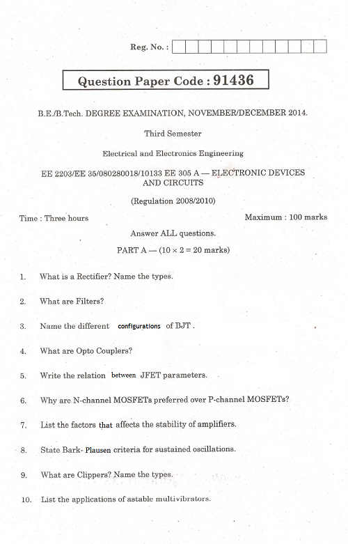 EE2203 Electronic Devices and Circuits Nov Dec 2014 Question Paper ...