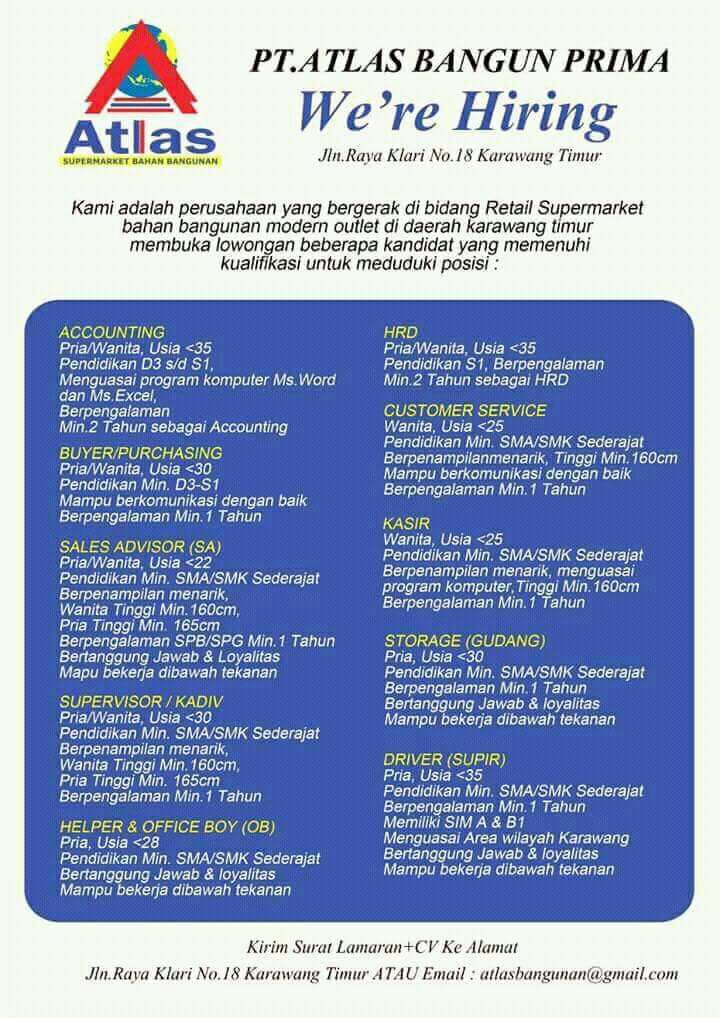 Informasi Lowongan Kerja : Loker PT Atlas Bangun Prima