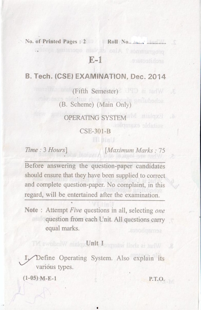 Operating System Question Paper CSE-301-B - B.Tech CSE