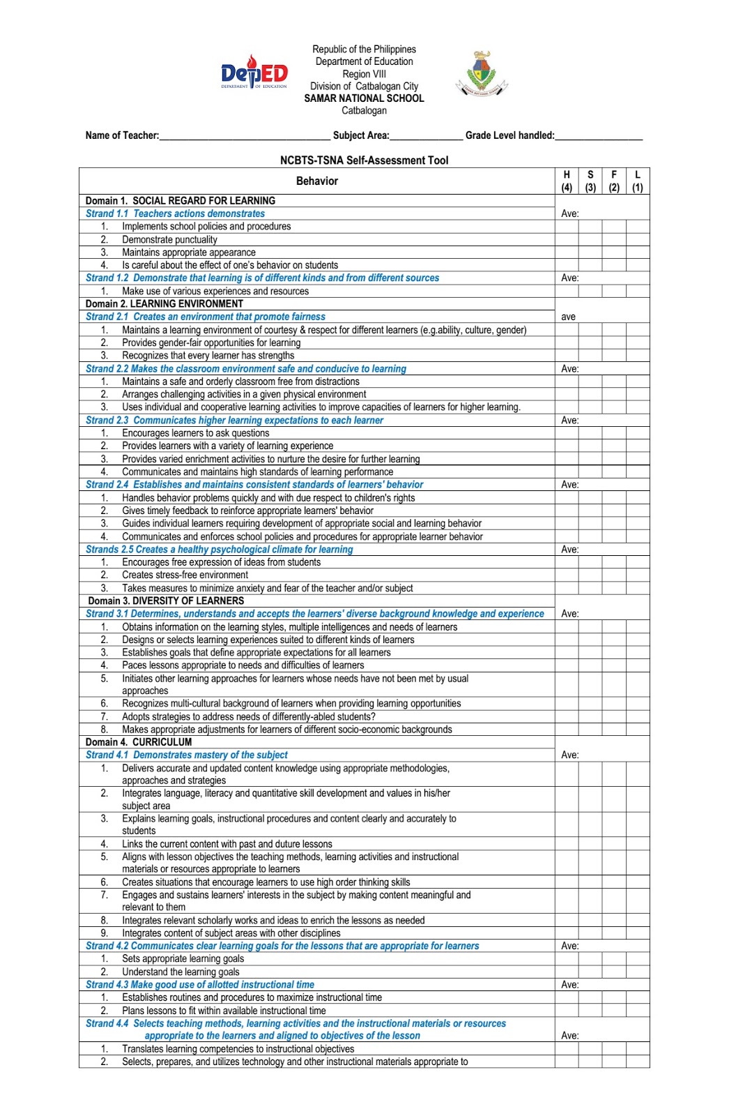 Science Concepts and Questions (K to 12): NCBTS-TSNA Assessment Tool
