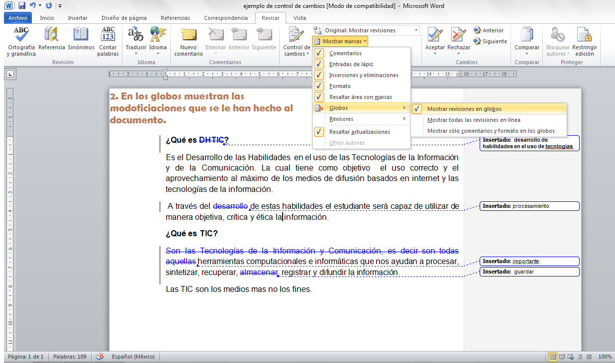 CONOCIENDO LAS TICS : CONTROL DE CAMBIOS EN WORD
