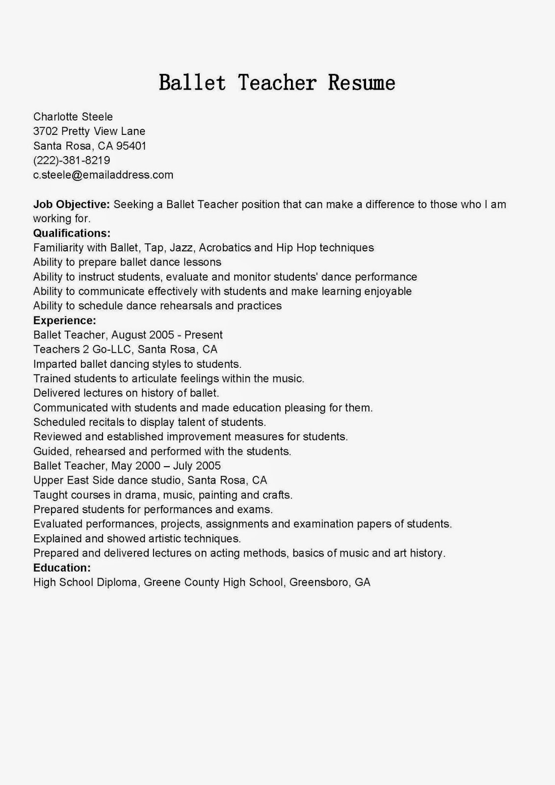 Resume Samples: Ballet Teacher Resume Sample