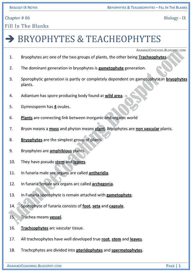 Adamjee Coaching: Bryophytes and Tracheophytes - Fill In The Blanks ...