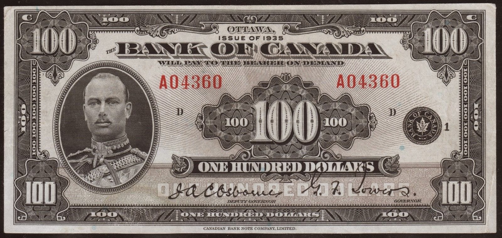 1935 Bank Of Canada $100 Dollar Note Prince Henry, Duke of Gloucester ...