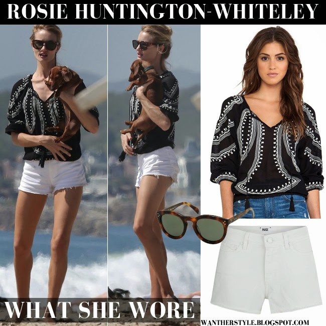 What She Wore Rosie Huntington Whiteley In Black Print Blouse With