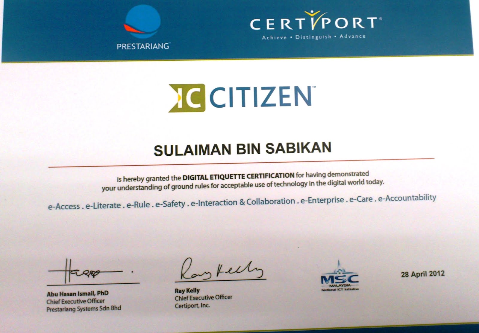 Sabikan S.: Sample, IC CITIZEN COA and IC CITIZEN Certification