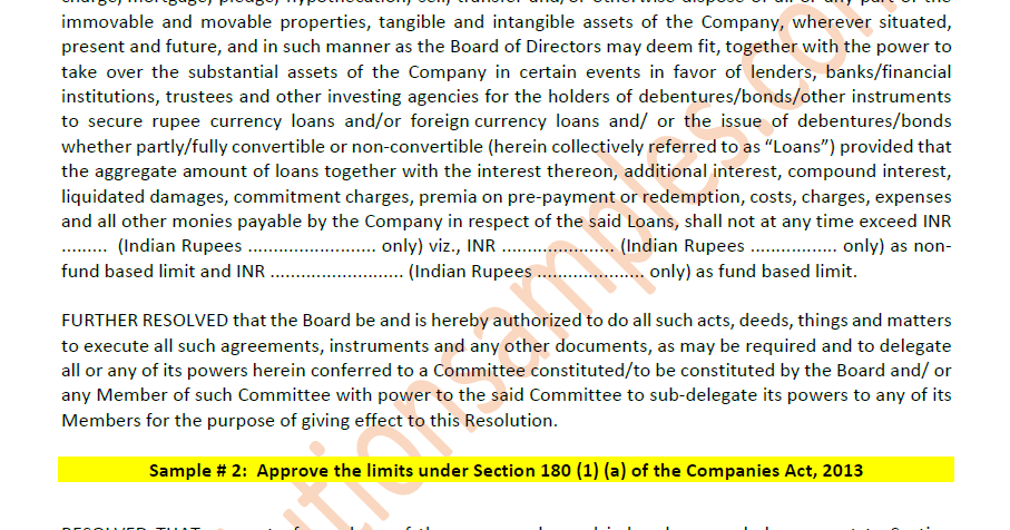 Format of Special Resolution for Creation of Charge on Assets