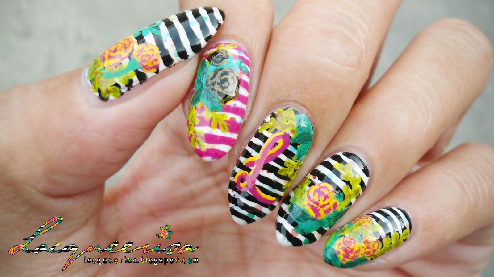 Lacqueerisa: Striped Floral Monogram Nails