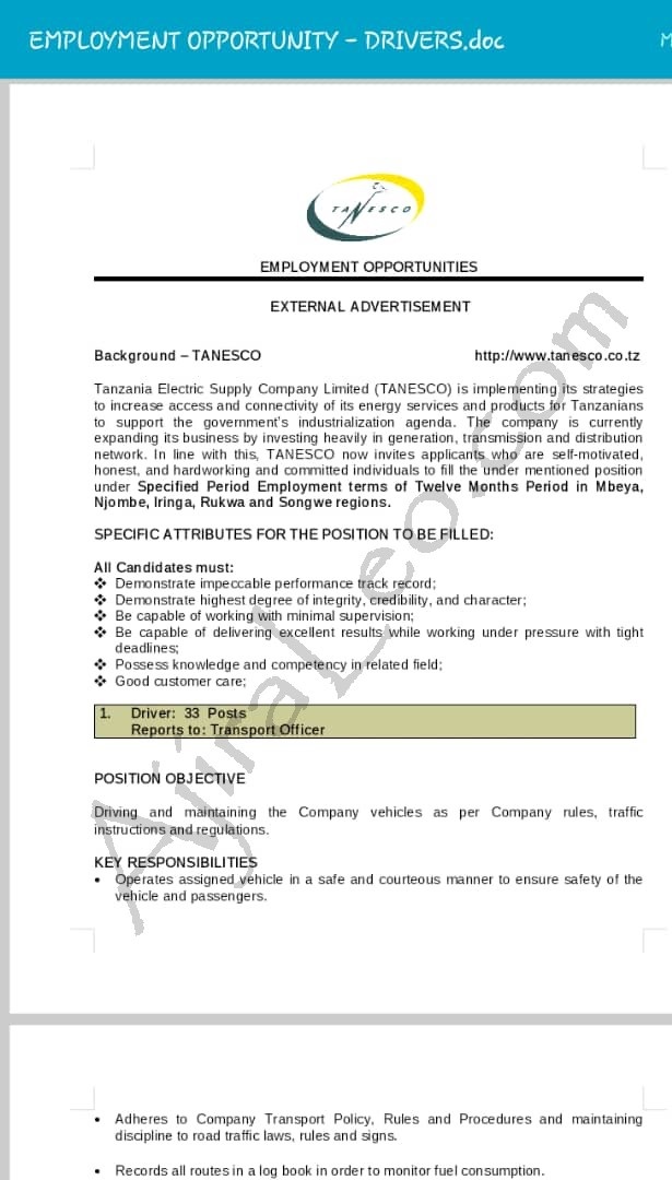 33 New Jobs at Tanzania Electric Supply Company Ltd (TANESCO) - Mbeya ...