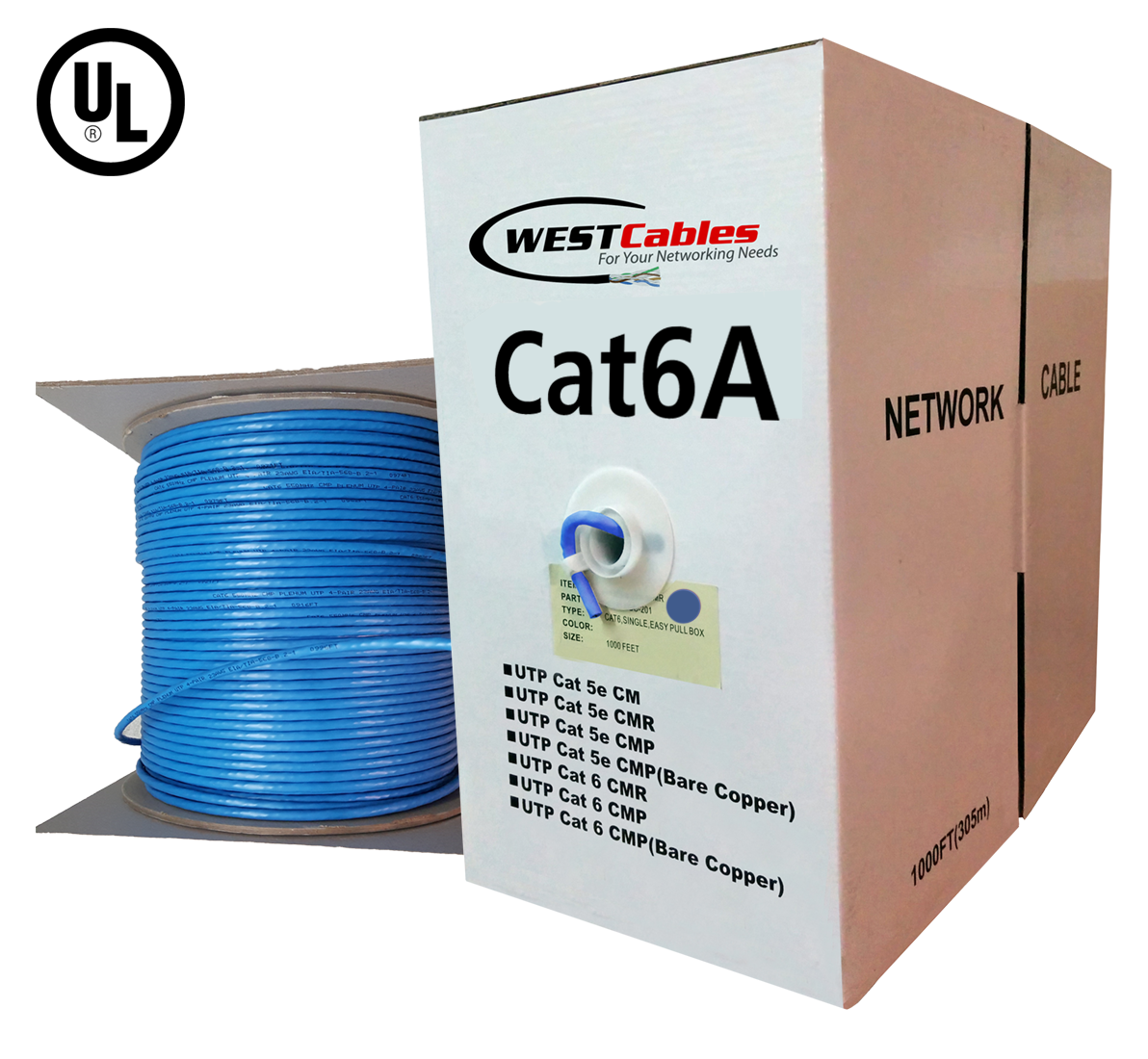 Cat6A Plenum 1000ft Solid Copper UTP Ethernet Cable ~ WESTCables