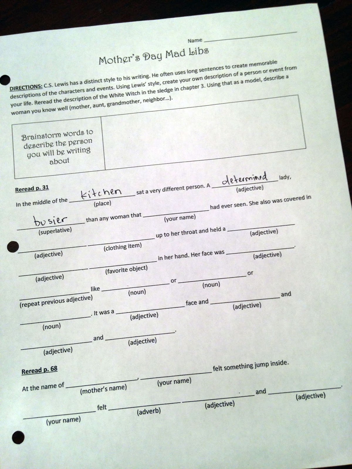 Mother's Day Mad Lib Writing - Classroom Freebies