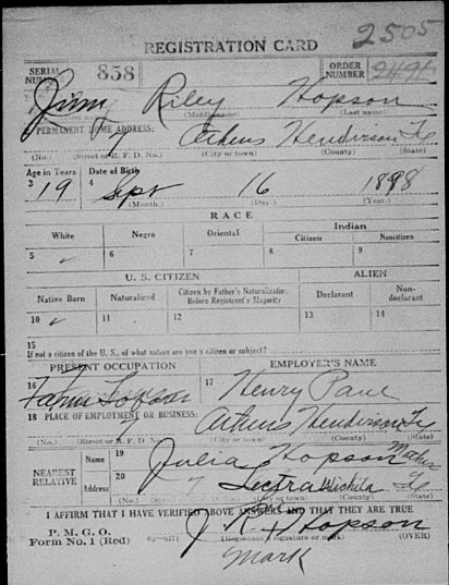 East Texas Genealogy: Jim Riley Hopson - World War I draft card