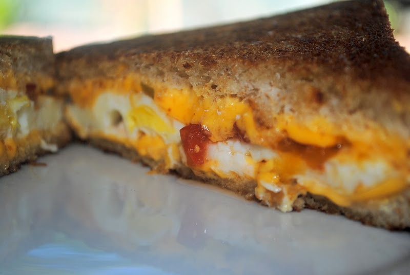fried egg/grilled cheese-sammy with spicy peach tomato jam
