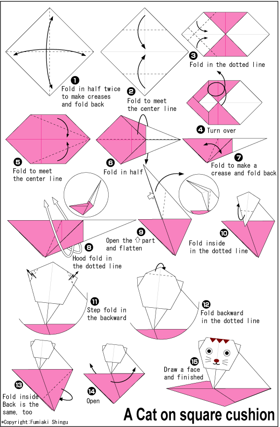 Cat on square cushion - Easy Origami instructions For Kids