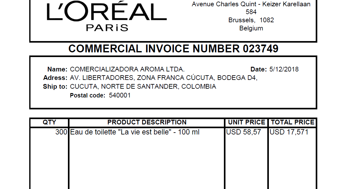 Proceso Importador de Perfumes y Aguas de Tocador: Factura Comercial ...