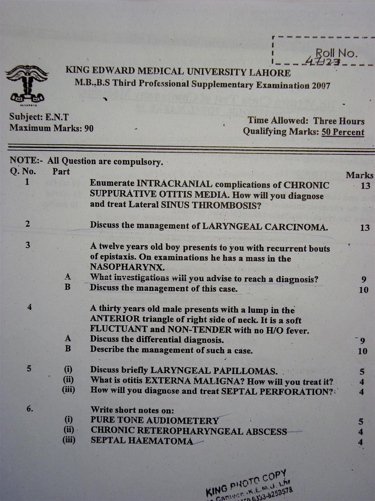 4th Year: ENT Past Papers Sendups Prof
