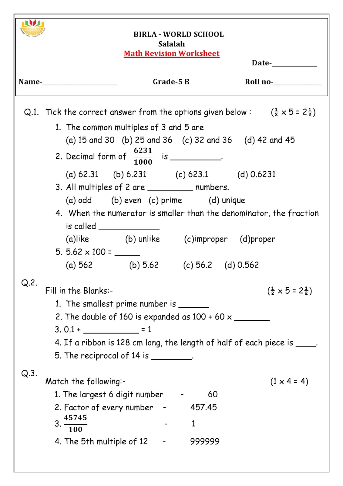 Birla World School Oman: Revision Worksheets for Grade 5 B