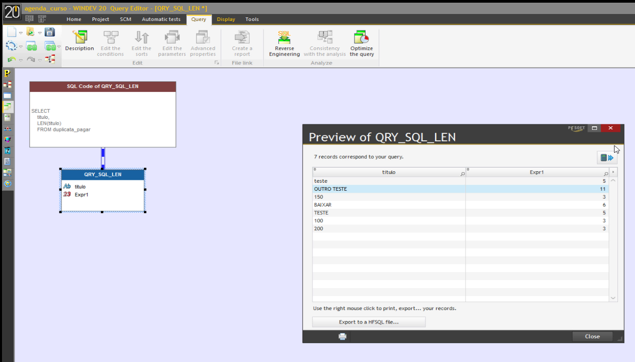 Windev21 Aulas,Estudos e Desenvolvimento: Windev Sql /11.. - Select LEN - Tamanho Campo
