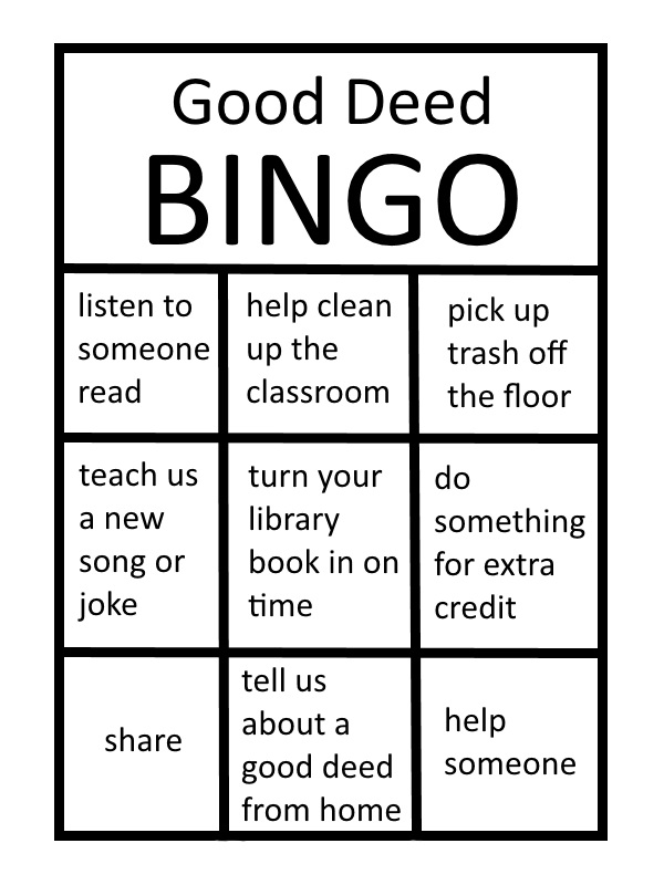 Kindergarten and Mooneyisms: Good Deed Bingo