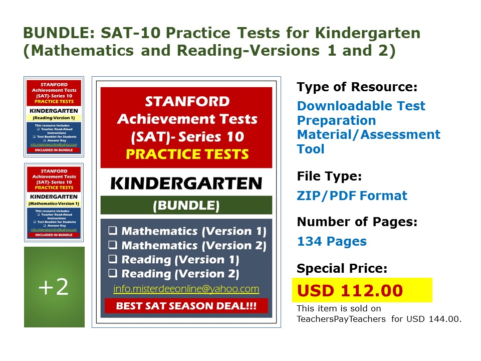 ONLINE SAT-10 Practice Tests for KG, Grade 1, and Grade 2: BUNDLE: SAT ...