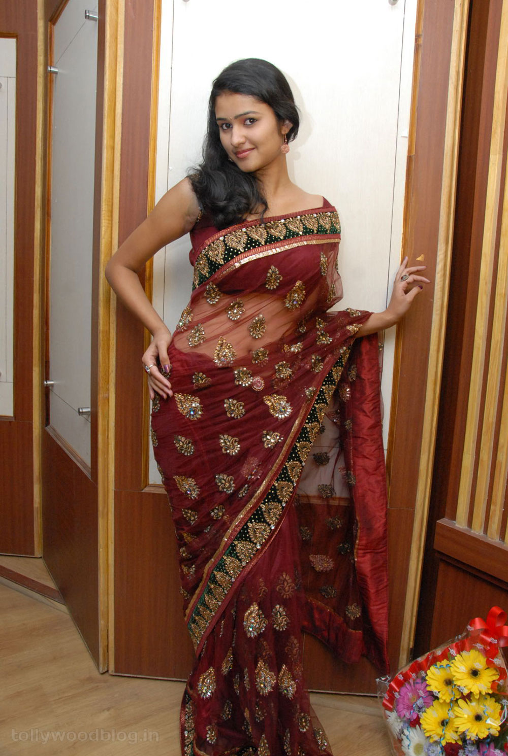 Cute Actress Kausalya hot Photos in Transparent Saree