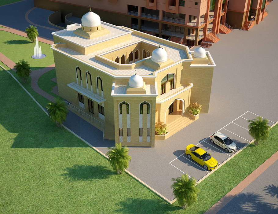 3D Front Elevation.com: Dimentia Muslim Mosque 3D Front Elevation Design