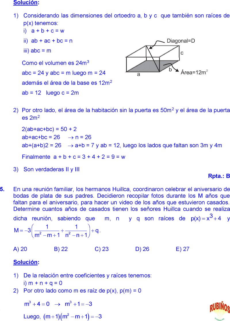 PROPIEDADES DE LA RAÍCES DE UNA ECUACIÓN CUADRÁTICA Y CÚBICA EJERCICIOS ...