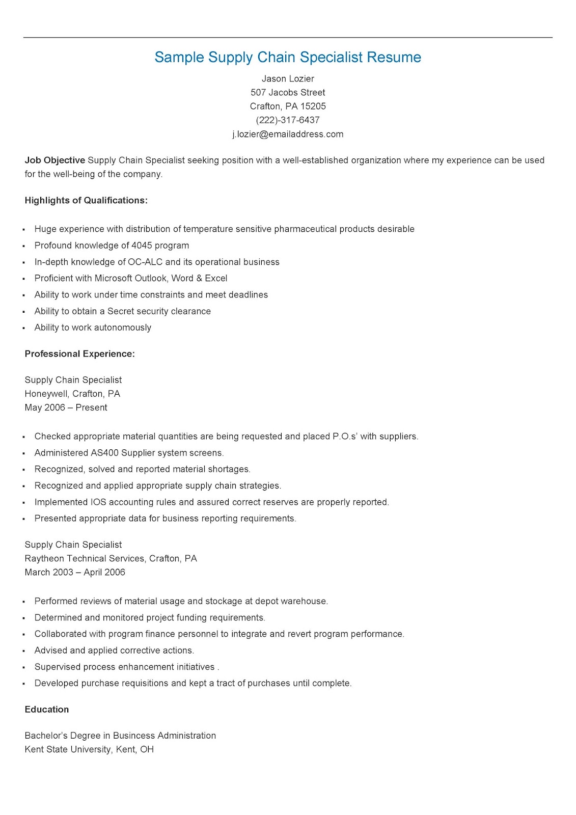 Resume Samples: Sample Supply Chain Specialist Resume