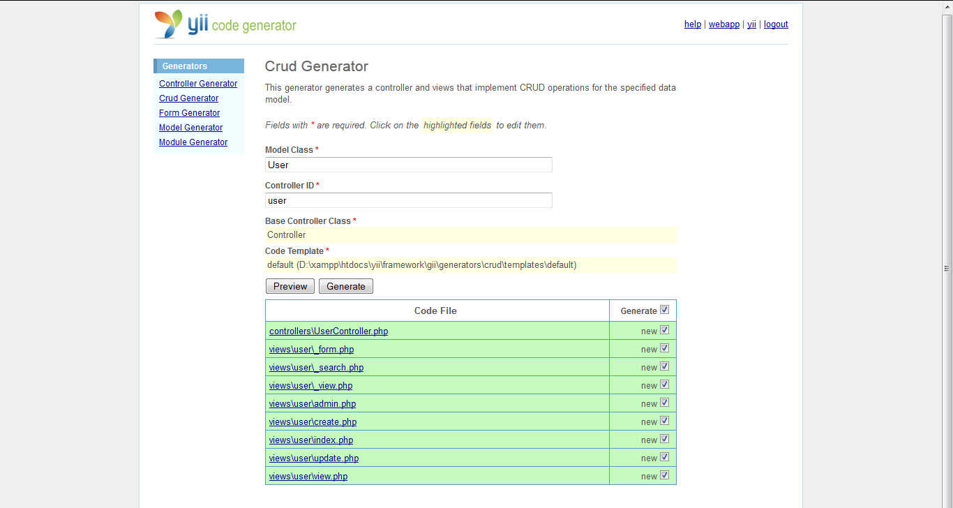 How to Use Crud Generator (Gii Tool - Yii Code Generator)