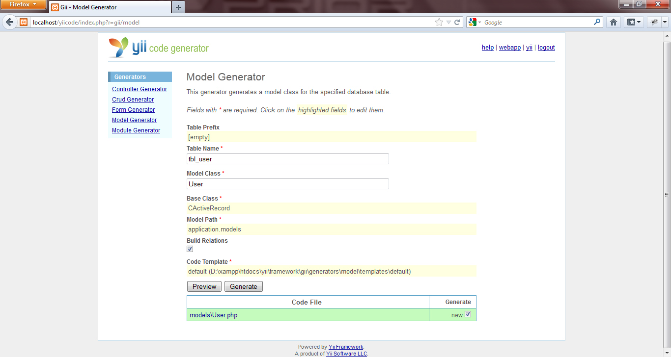 How to Use Model Generator (Gii Tool - Yii Code Generator)