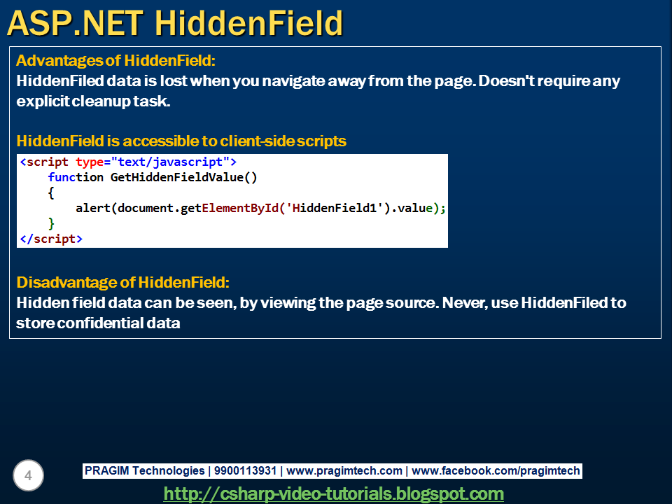 Sql server, .net and c# video tutorial: Part 34 –HiddenField in ASP.NET