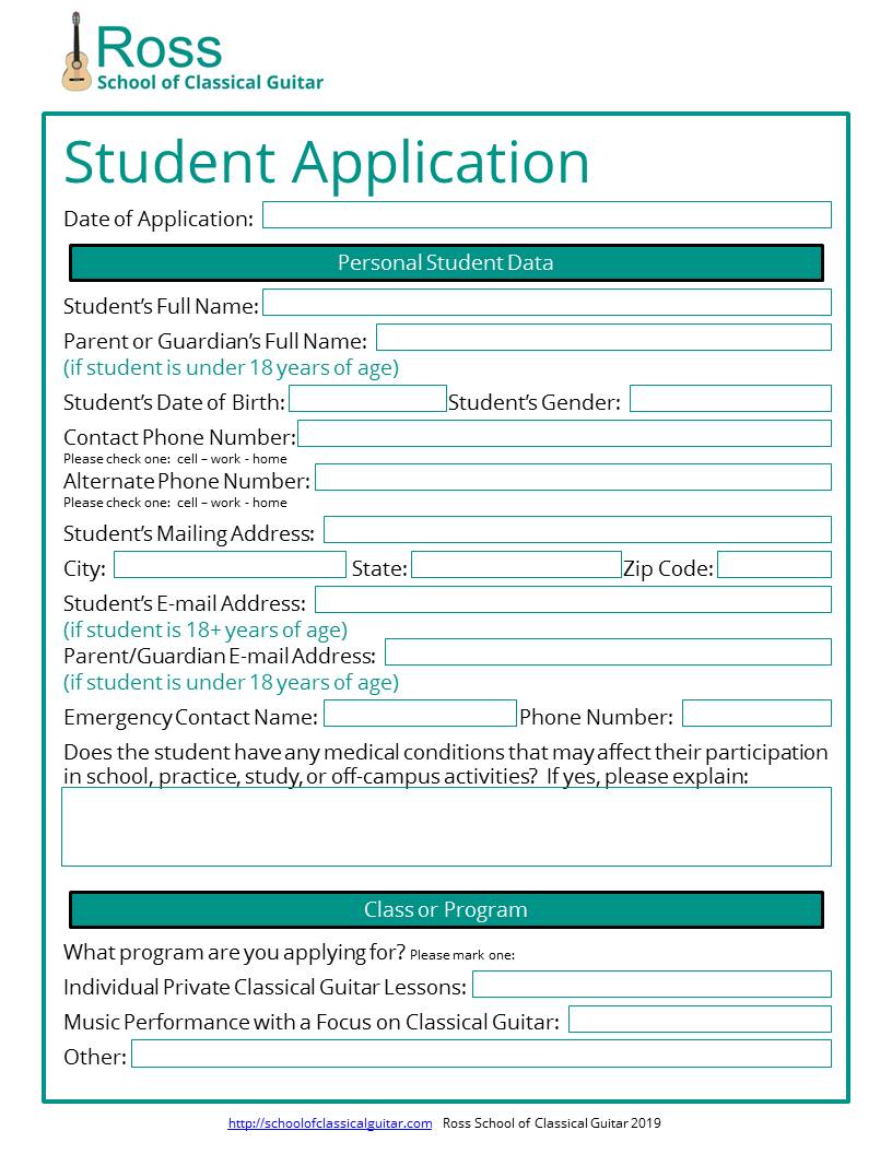 Ross School of Classical Guitar: Student Application