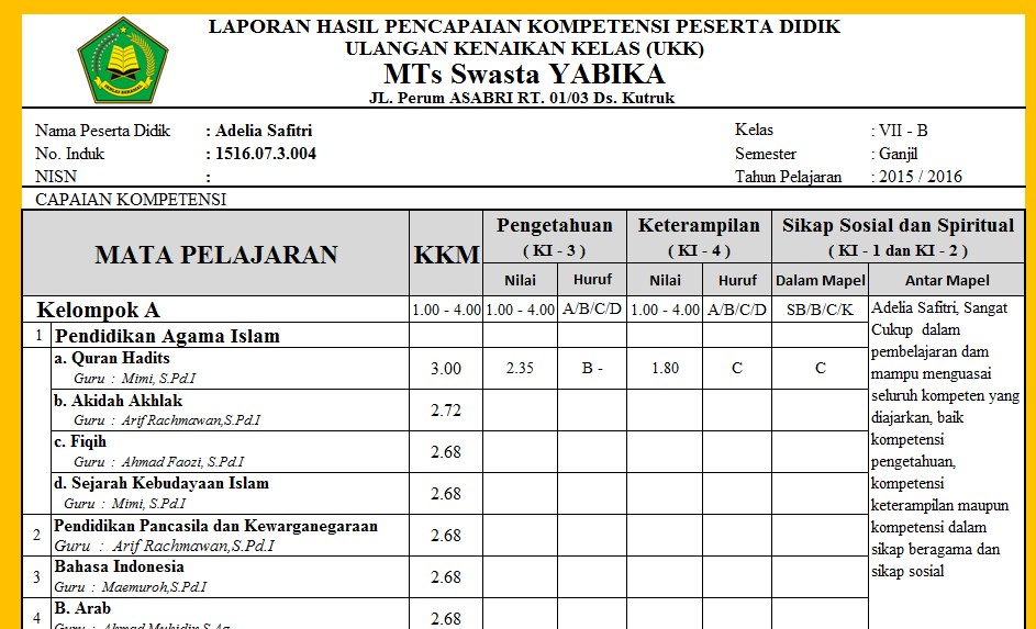 Aplikasi Raport K13 MTs dengan Deskripsi otomatis menggunakan Excel Macro