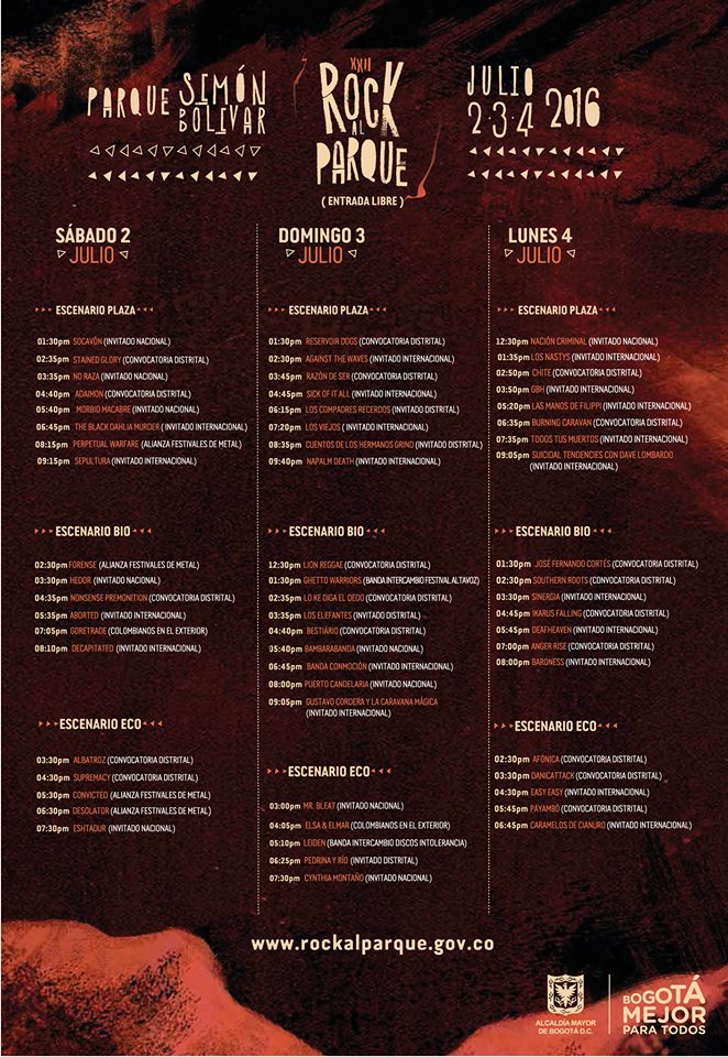 CIUDAD ALTERNA: Programación Rock al Parque 2016