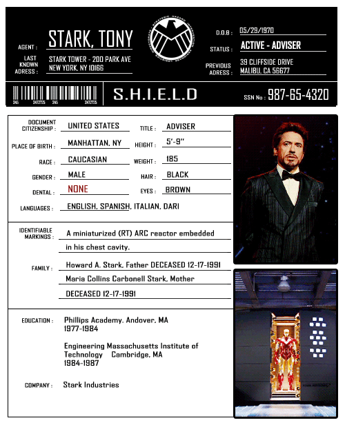 MadeInTerior: Ficha de Tony Stark na S.H.I.E.L.D