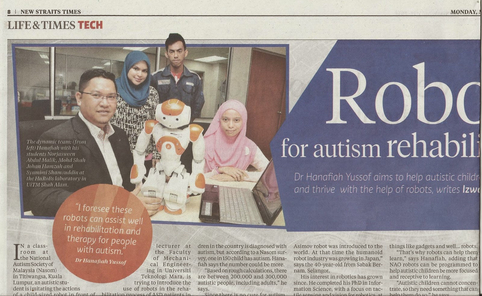 Newspaper Article: "Robots for Autism Rehabilitation" on New Straits ...