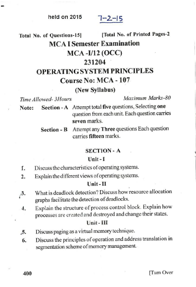 Mca 107 Operating System Principles Ju 2015 Question Paper University Question Papers