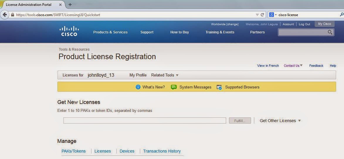 My Network Lab: Cisco E-License PAK Registration