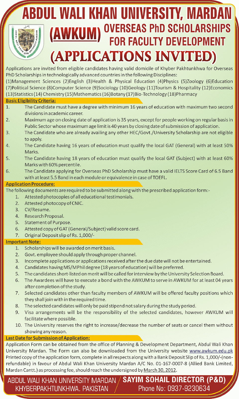 AWKUM Overseas PhD Scholarships for faculty Development - PK Jobs ...