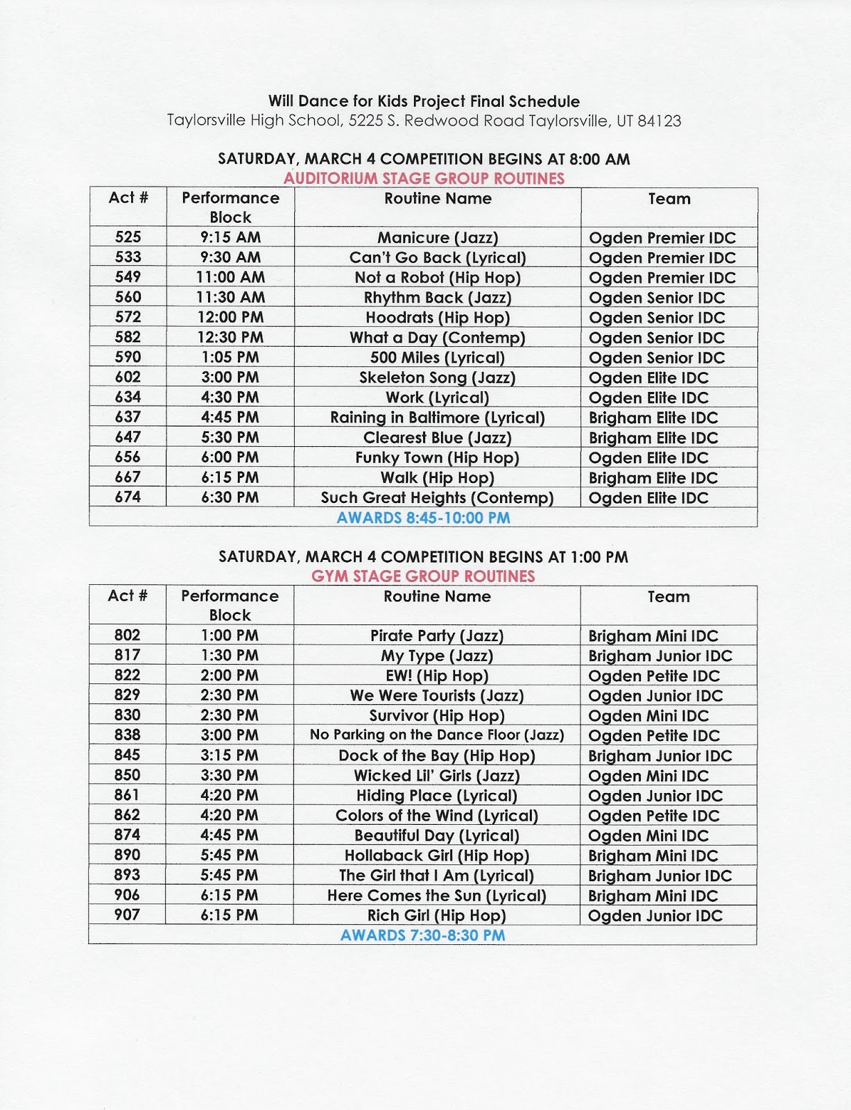 Will Dance for Kids Project Schedule - IDC Teams Competition