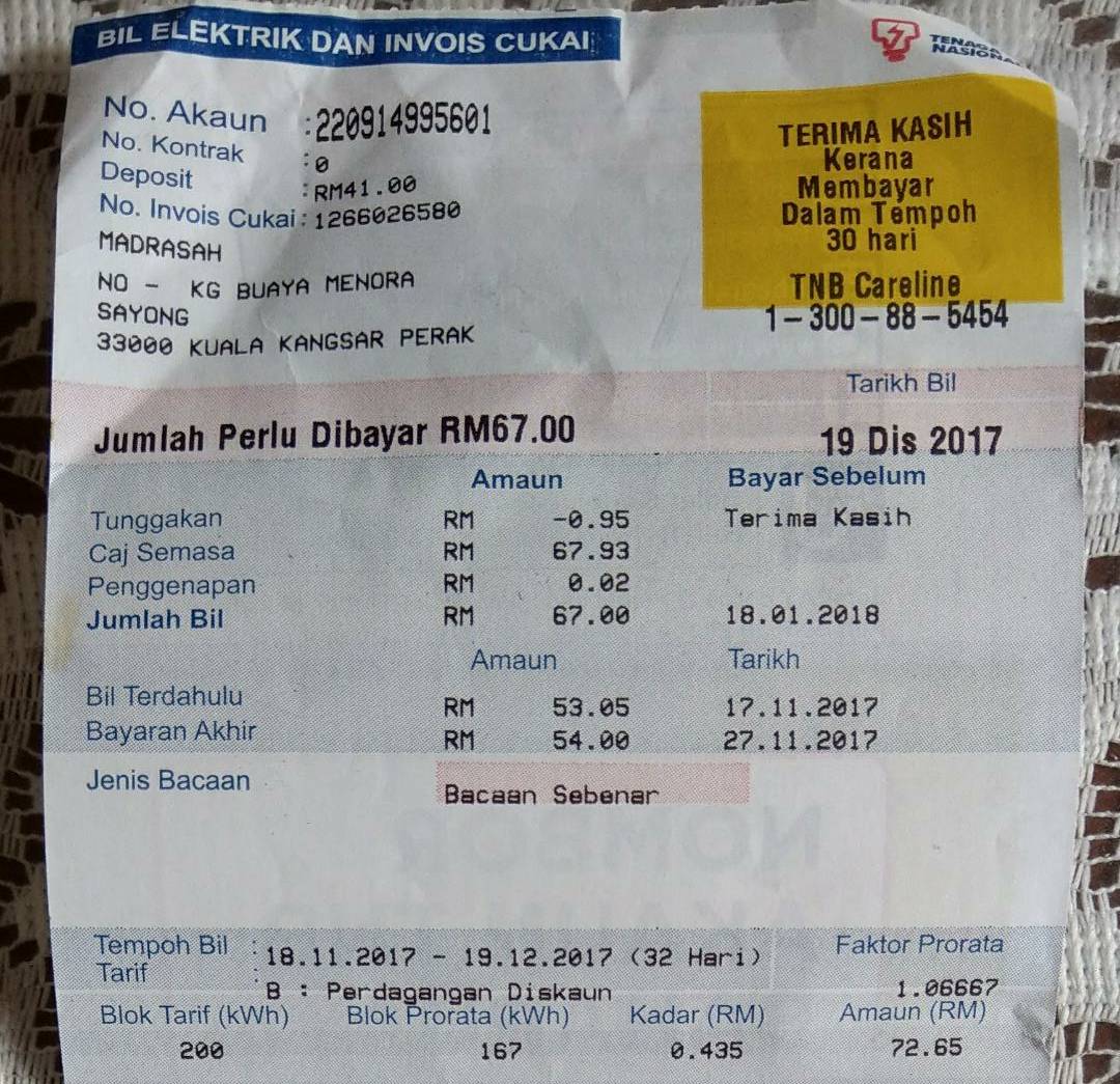 Bil Air Dan Elektrik Pusat Tahfiz Dan Surau Kampung