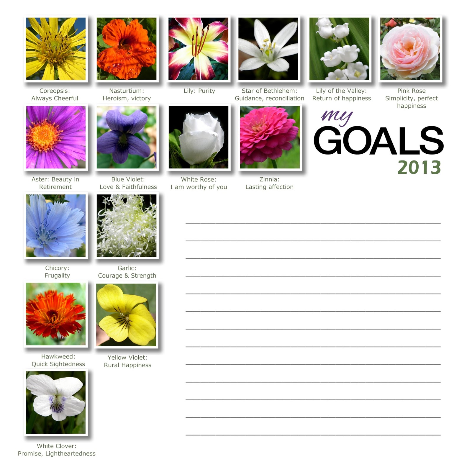 Power of the Flower: 2013 Goal Sheet with the Language of Flowers