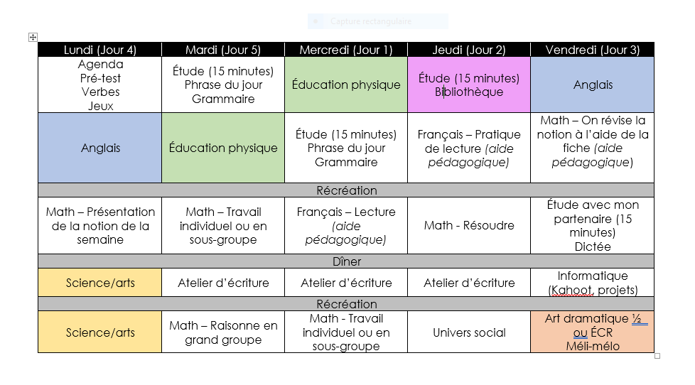 La classe de Mme Kathleen: Horaire, calendrier, école