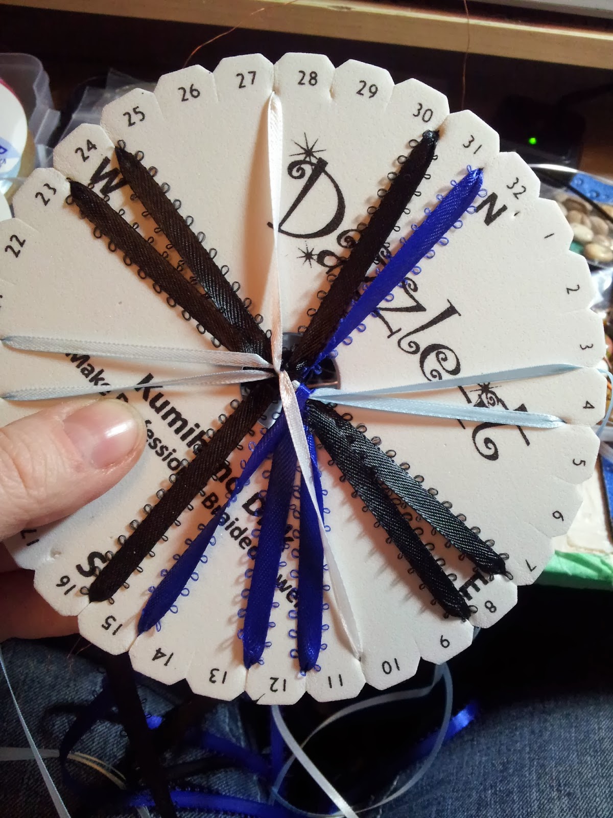 Kumihimo 16 warp round braid with 2 types of ribbon