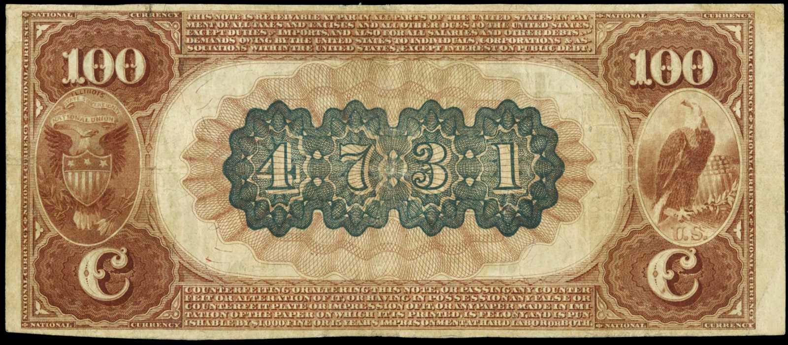 1882 $100 Brown Back National Bank Note | The Palmer National Bank of ...