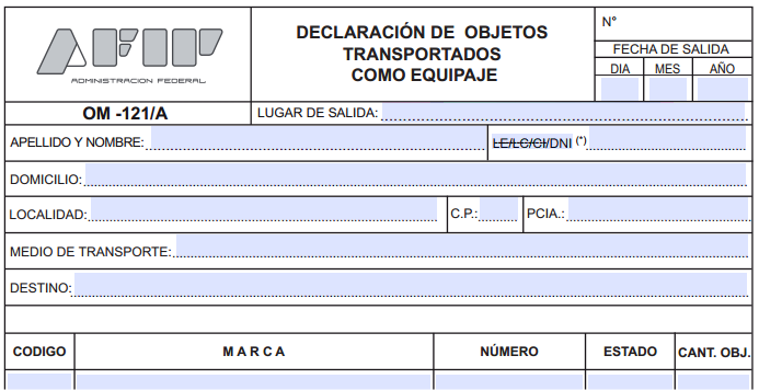Formulario OM-121/A Declaración de Objetos Transportados como Equipaje ...