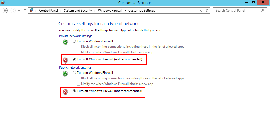 Windows firewall disable