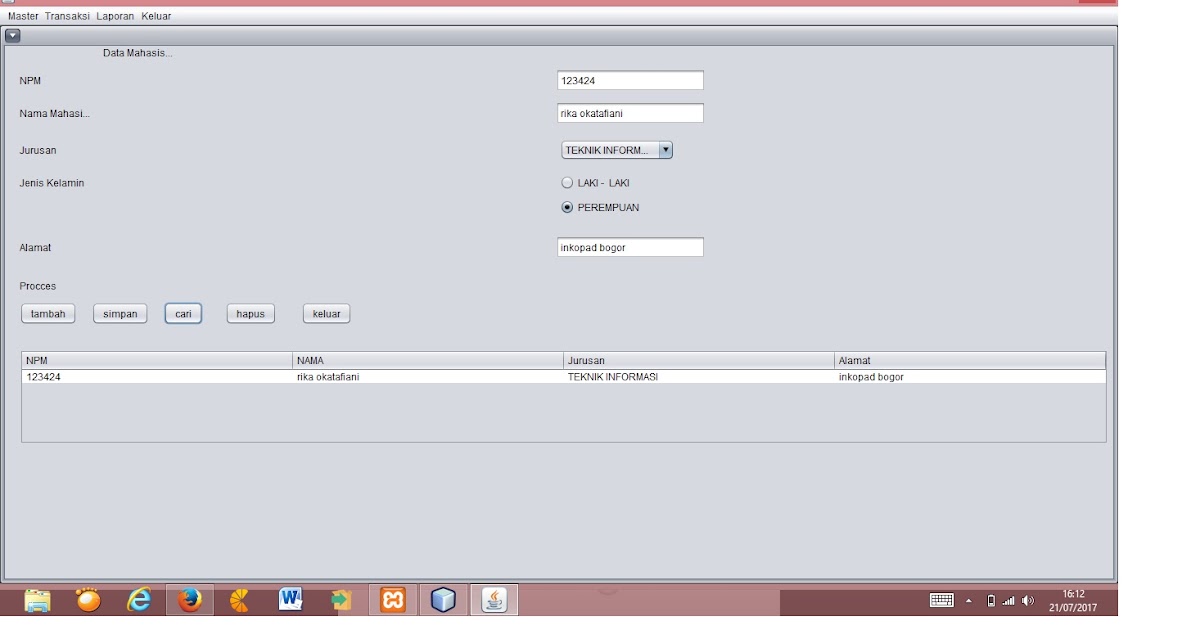 rika oktafiani: Membuat form Data Mahasiswa Java Netbeans koneksi Database MYSQL