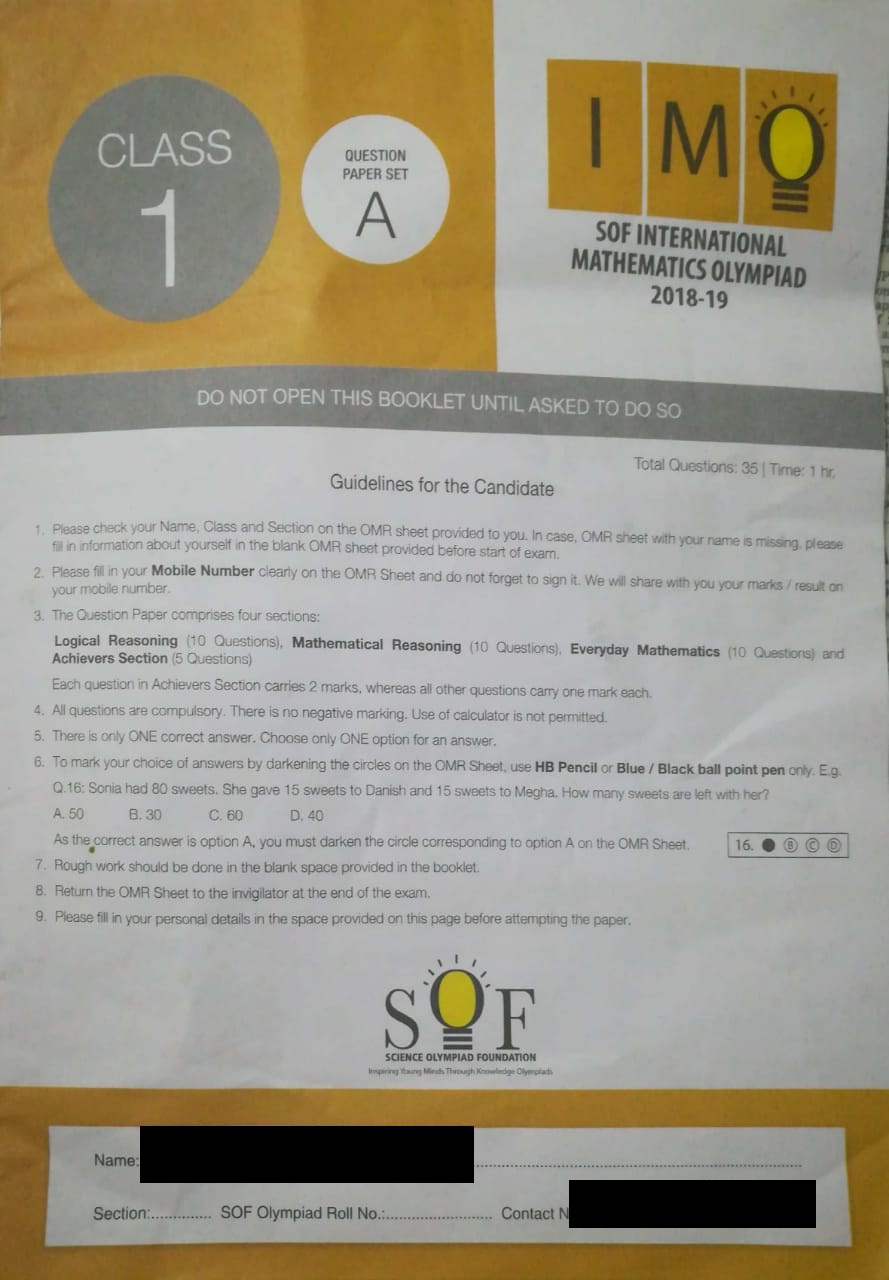 IMO SOF CLASS 1 Maths 2018-2019 Question Paper